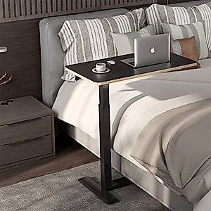 SANODESK Medical Adjustable Overbed Bedside Table with Hidden Casters, Pneumatic Mobile Laptop Computer Standing Desk Cart with Tray, Hospital and Home Use(27.6" W x 15.7" D, Black)