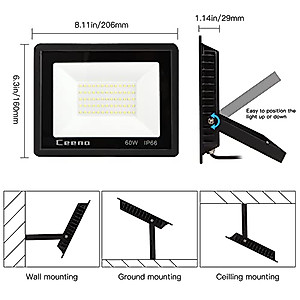 Ceena 2 Pack 60W Plug in LED Flood Light Outdoor, 6000lm Super Bright Floodlight with Switch and 5.9FT Wire, IP66 Waterproof 6000K LED Work Light for Garage, Yard, Patio, Front Door