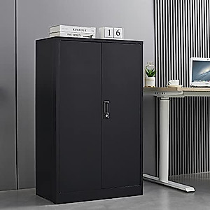 GREATMEET Metal Storage Cabinet with Locking Doors, Metal Cabinet with 2 Adjustable Shelves, Office Garage Steel Storage Cabinet with Door and Shelf(3 Shelves, Black)
