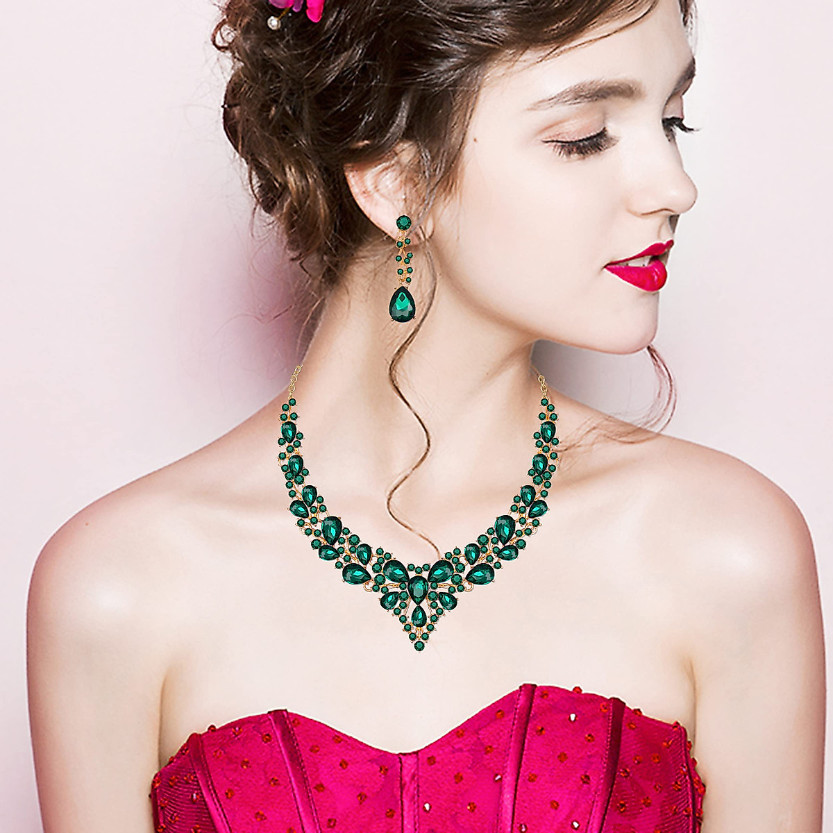 CSY 4 Pcs/Set Austrian Crystal Necklace Earrings Bracelet Ring Bridal Jewelry Sets for Brides Wedding Party Costume Accessories Gifts for Women (02-gold plated-green)