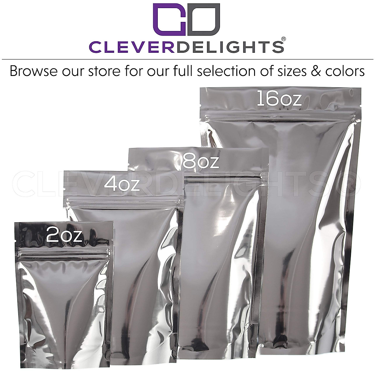 CleverDelights 8oz Silver Stand Up Pouches - 100 Pack - 6" x 9" x 3" - Resealable Bag 6x9x3 Inch
