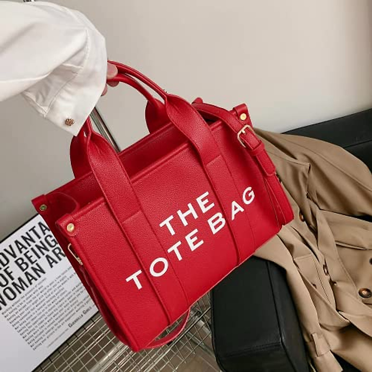 The Tote Bag for Women, Leather Tote Bag Red with Zipper, Women's Tote Bag Sturdy Durable Waterproof Cute Handbag, Tote Purse Crossbody Shoulder Bag for School, Work, Travel