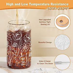 Lvoetgif Cute Glass Cups with Lids and Straws, Aesthetic Christmas Iced Coffee Cup, Flower Mugs, Floral Tumbler with Straw, Birthday Gifts for Women Friend Sister Her Coffee Lover Bridesmaid Stuff