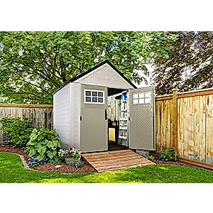 Rubbermaid Resin Weather Resistant Outdoor Storage Shed, 7 x 7 ft. , Faint Maple/Onyx/Sandstone, for Garden/Backyard/Home/Pool