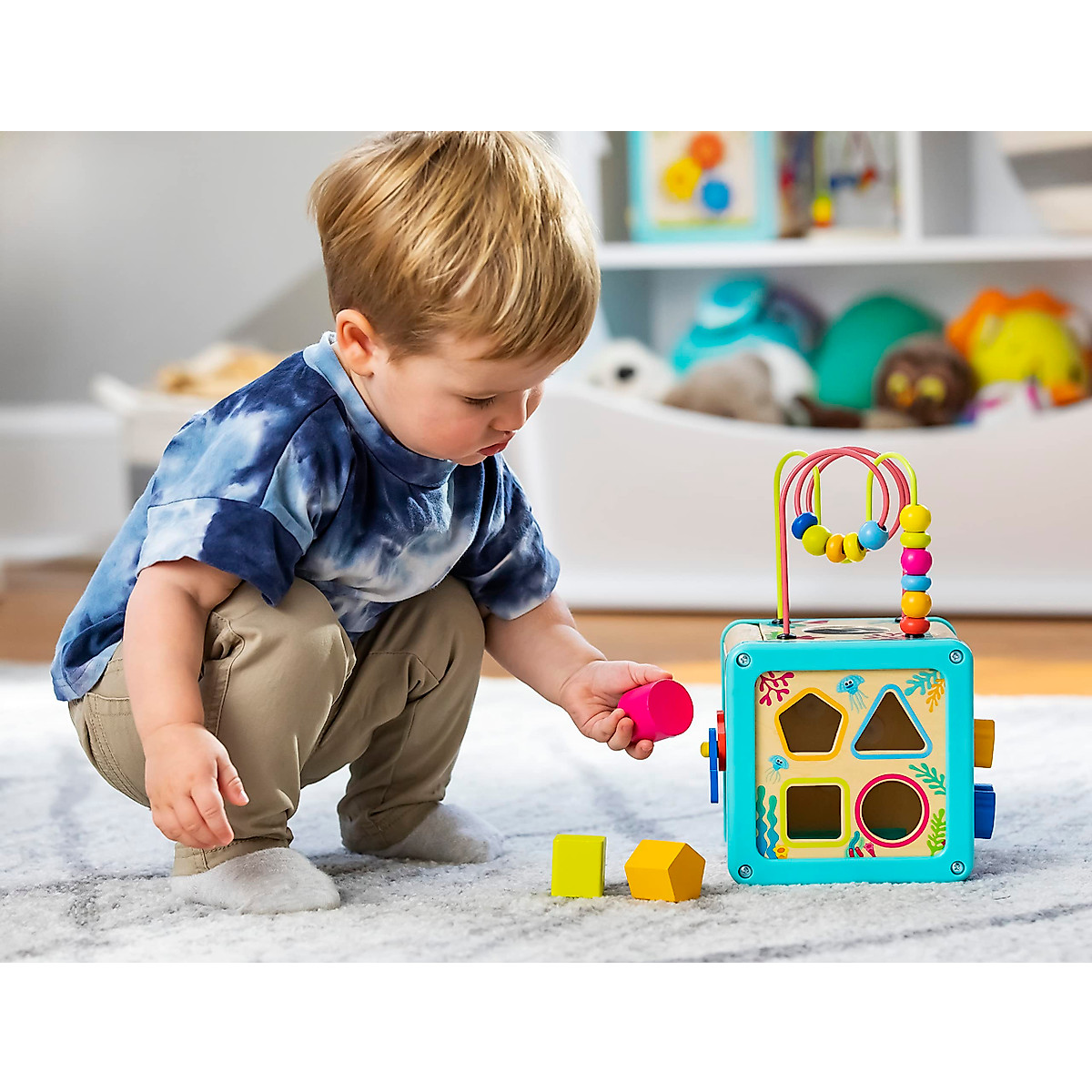 Pidoko Kids Baby Shark Toys - Wooden Activity Cube for Toddlers 1-3 | Baby Activity Cube, Bead Maze, Shape Sorter Blocks - First 1st Birthday Gift for Boys Girls - Wooden Toys for 1 Year Old Gifts