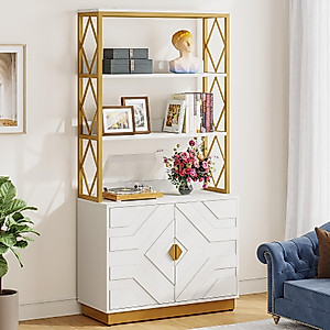 Tribesigns White and Gold Bookshelf with Doors: 70.9 Inches Tall Etagere Bookcase Set of 2, Modern Open Display Book Shelves with Metal Frame for Living Room Bedroom Office