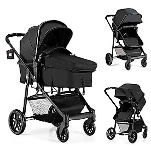 BABY JOY Baby Stroller, 2 in 1 Convertible Carriage Bassinet to Stroller, Pushchair with Foot Cover, Cup Holder, Large Storage Space, Wheels Suspension, 5-Point Harness (Black)