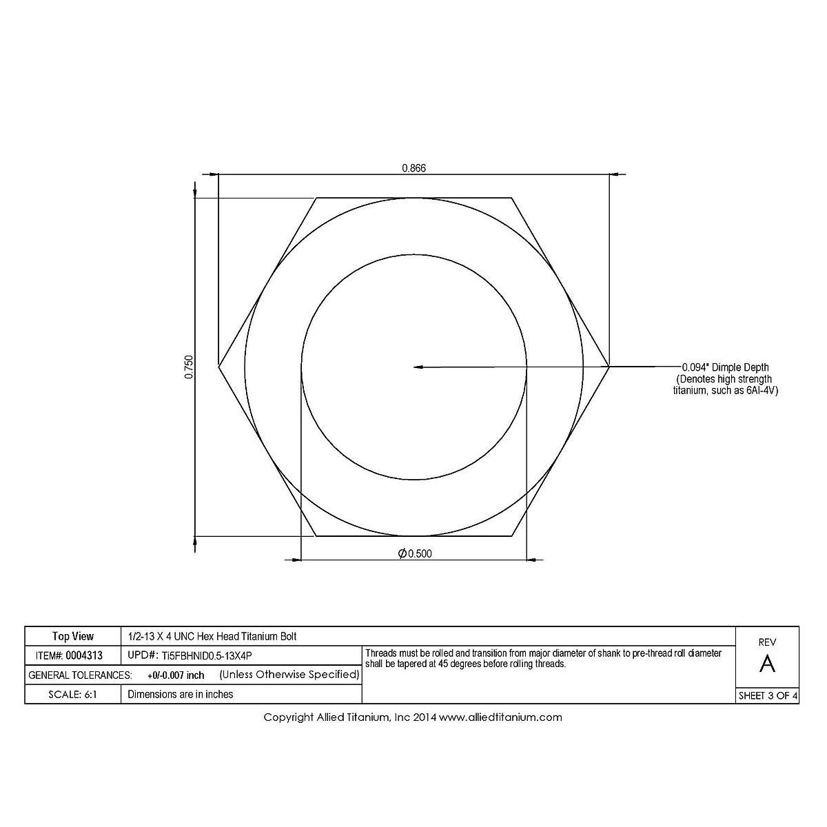Allied Titanium 0004313, (Pack of 2) 1/2-13 X 4 UNC Titanium Hex Head Bolt, Grade 5 (Ti-6Al-4V)