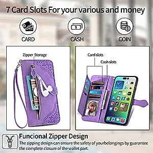 ONV Wallet Case for Oppo Realme V30 - with Zipper Wrist Strap Emboss Flower Flip Phone Case Card Slot Magnet Leather Shell Flip Stand Cover for Oppo Realme V30[SZY] -Purple