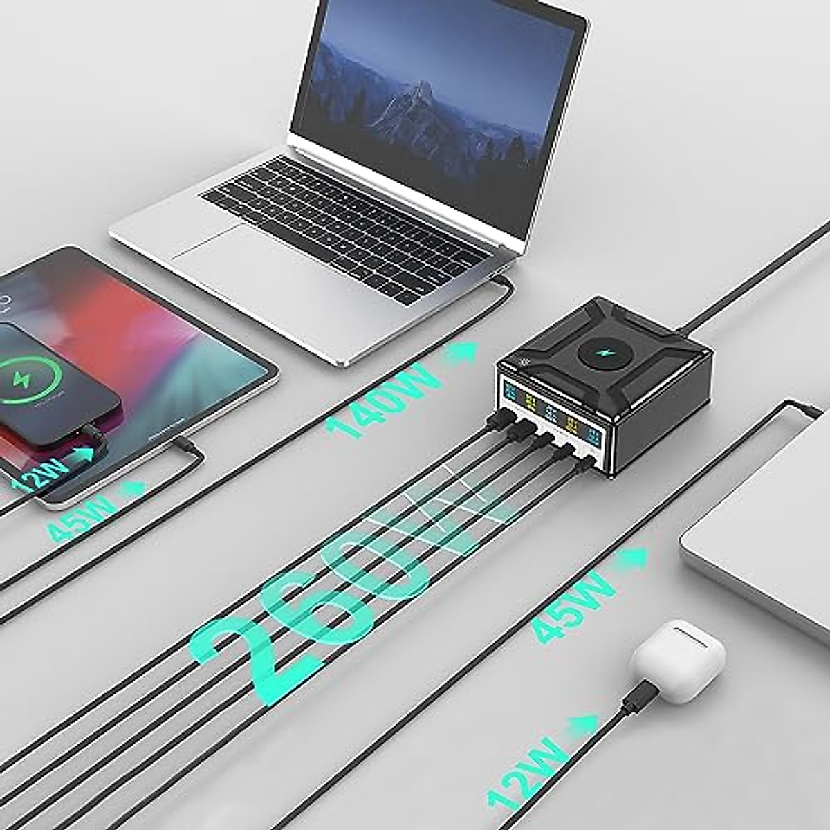 260W USB C GaN Charger, Ubigbuy 140W 5-Port PD3.1 USB C Charging Station,Desktop Wireless USB C Laptop Charger Portable Travel USB C Power Adapter Block for MacBook Pro Air iPad Pro iPhone Samsung