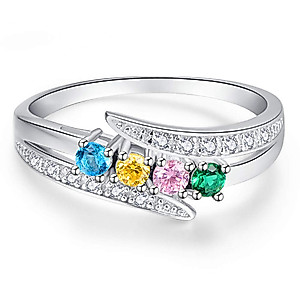 AVECON Sterling Silver Mothers Ring 4 Birthstones 925 Sterling Silver Personalized Promise Rings Customized Rings for Women Size 8