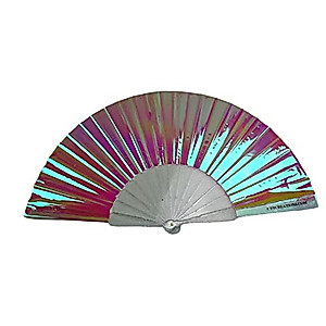 CTT CREATIONS CTT-Mini Folding Fan- 9 inches Tall 16 inches Wide- Hand Fan Clear Sparkly PVC -Pink and White Pure Electric - See Throught Light Material Fan for Events Rave Concert and Festival-