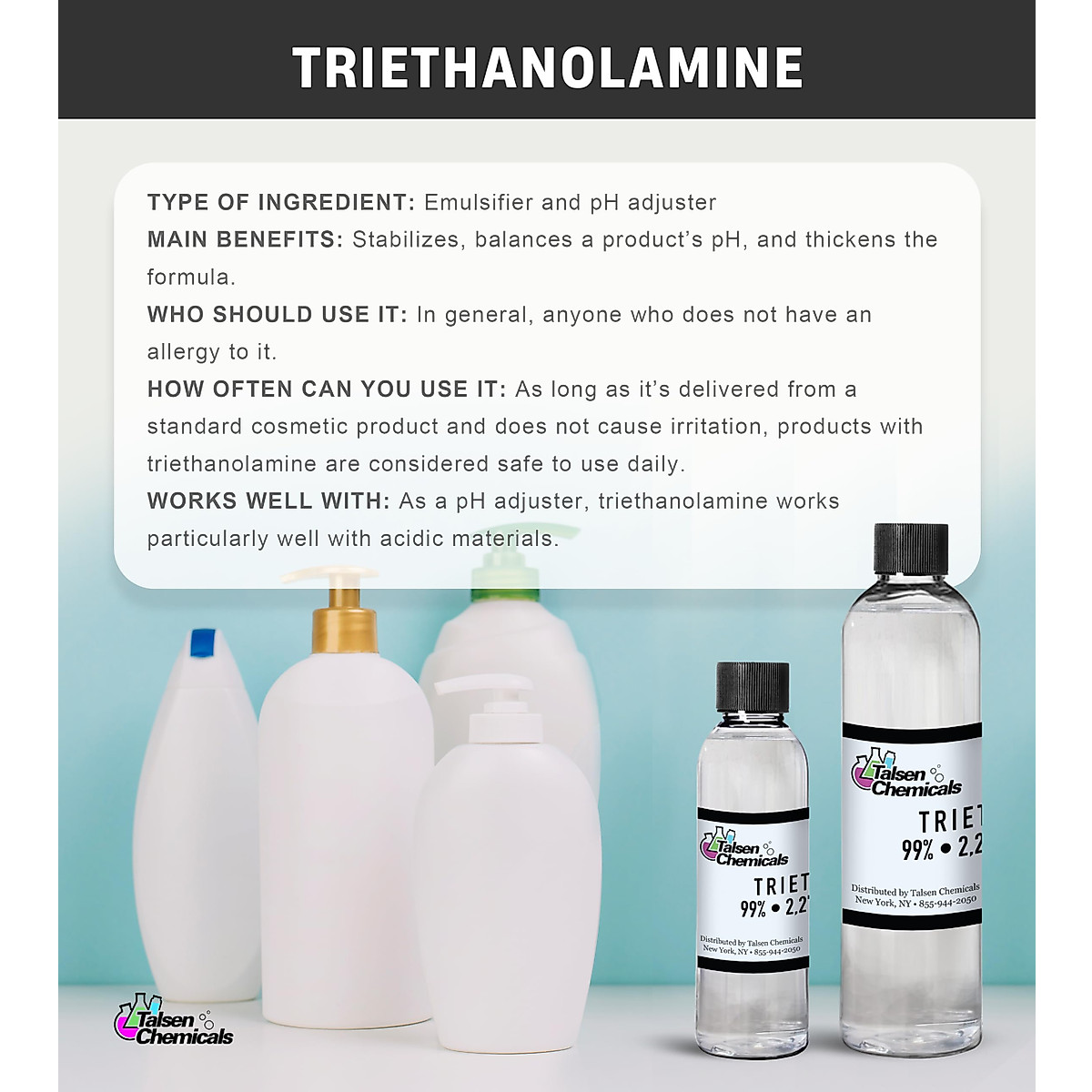 Triethanolamine (Tea) for Cosmetics 500 mL 99% pH Balancer, Surfactants DIY Skincare and Cosmetic Products by Talsen Chemicals