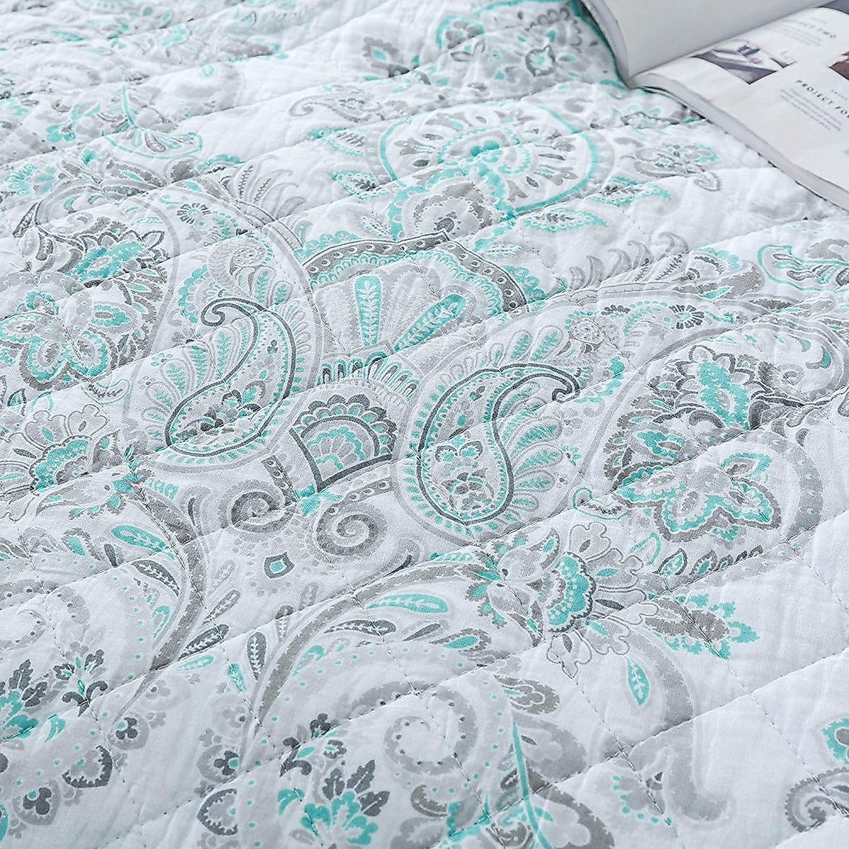 KASENTEX Authentic 100% Cotton 3-Piece Oversized Twin XL Quilt Set Soft Bedspread Coverlet Sets (Blue Paisley, 80X106+20X26 X2)