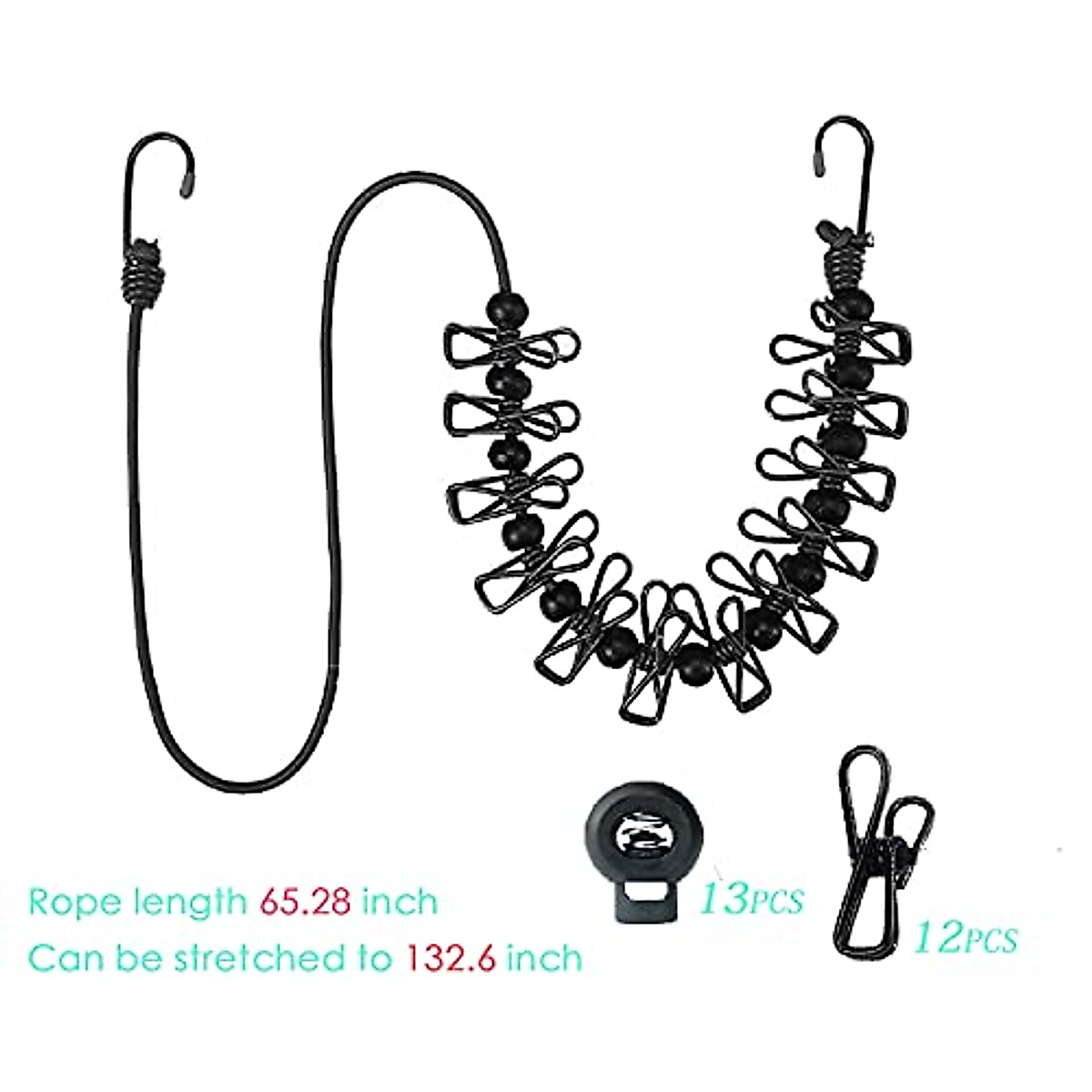 SFOCFWH Portable Elastic Clothesline, Outdoor Retractable Clothesline, with 12 Clothespins and 13 Spring Buckles, Suitable for Home, Travel, and Camping Accessories (Black)