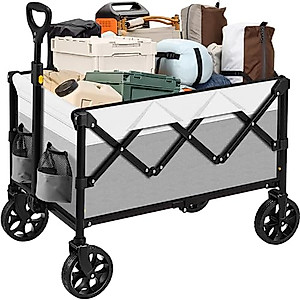 Collapsible Folding Wagon,Large Utility Wagon Cart Foldable,Folding Wagon Cart with All Terrain Wheels,Heavy Duty Garden Cart,Portable Wagon for Shopping Grocery Camping Sports Fishing (Gray/White)