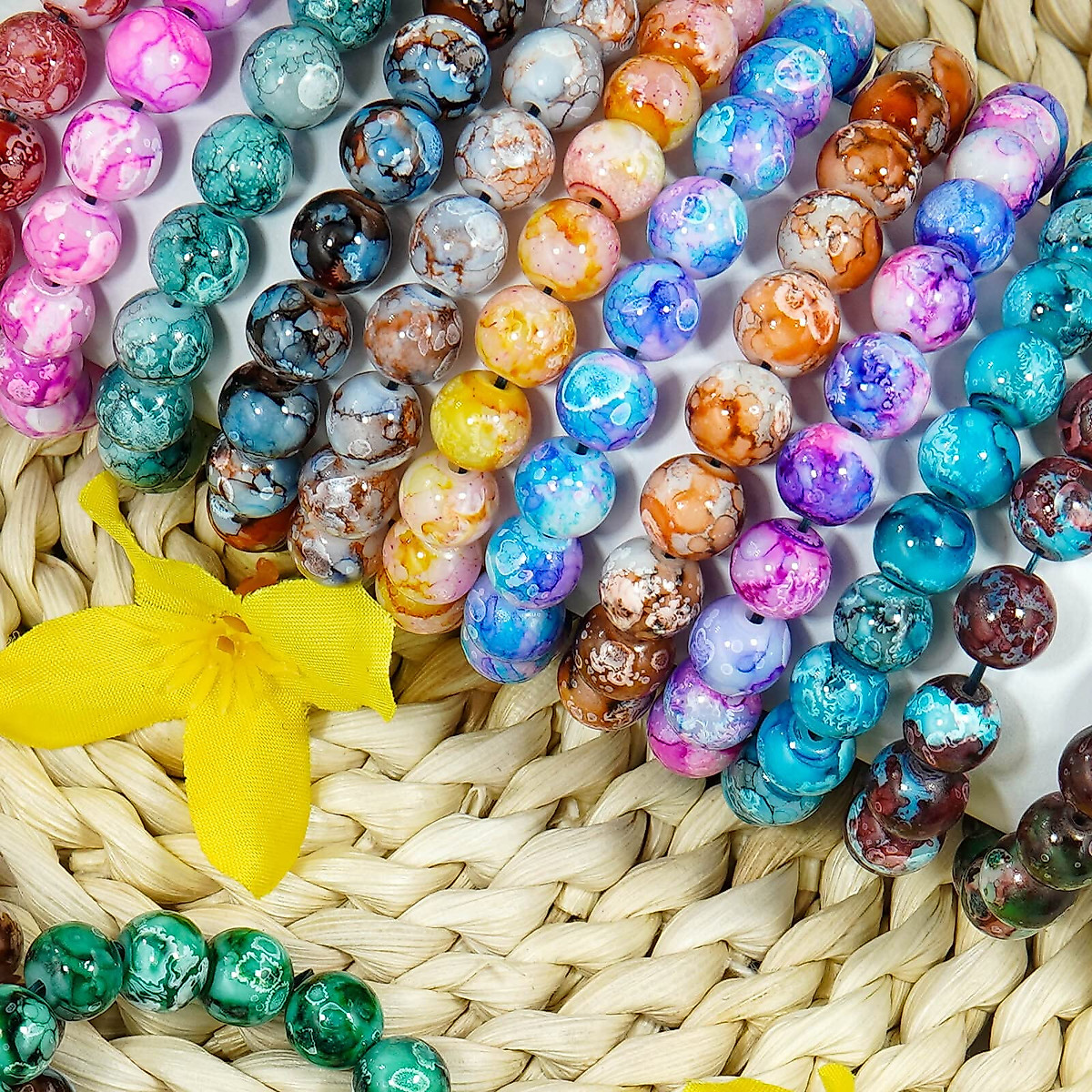 Glass Beads for Jewelry Making, 600pcs 8mm Glass Crystal Pattern Beads 24 Colors Snowflake Marble Gemstone Beads Imitation Jade Craft Beads for DIY Earrings Necklace Bracelet (Snowflake Crystal Bead)