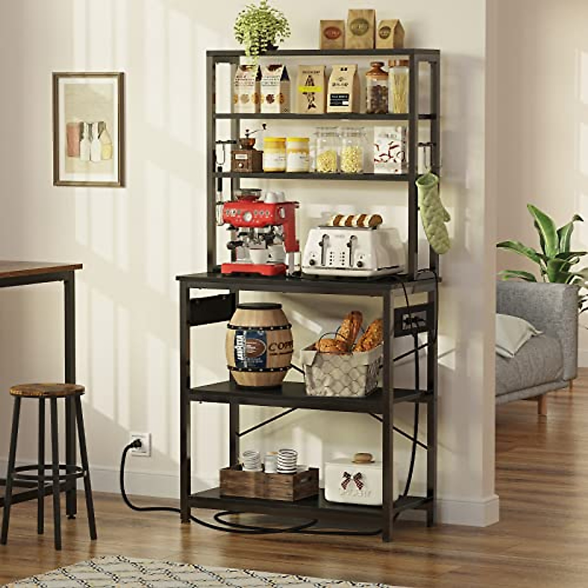 Rolanstar Baker's Rack with 4AC Power Outlet, 65.7inch Microwave Oven Stand with 10 Hooks, Stable Coffee Bar Table, 6-Tier Kitchen Storage Shelf Rack, Kitchen Utility Rack with Hutch, Black