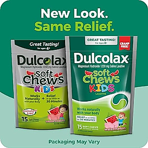 Dulcolax Kids Saline Laxative Soft Chews, Gentle Constipation Relief for Kids, Watermelon Flavor, Magnesium Hydroxide 1200 mg, 15 Count