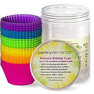 Pantry Elements Silicone Baking Muffin cups with Bonus Gift Storage Jar, 24 Pack, Heavy Duty, Reusable Non-stick, BPA Free Molds, The Original Rainbow Vibrant Silicone Cupcake Liners