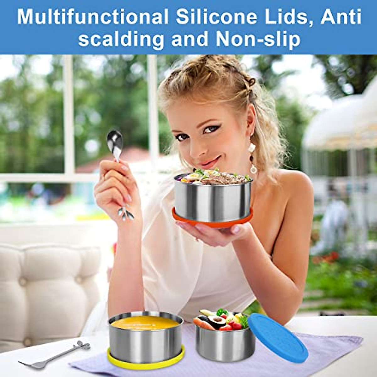 LEEPENK Stainless Steel Food Containers With Silicone Lids Leakproof Snack Containers for Kids Adults Set of 6 Metal Food Storage Containers (50,100,220,400,680,950ml) Durable for School Lunch,Picnic