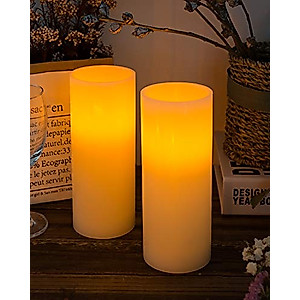 Homemory 9" x 3" Flameless Candles Battery Operated, Flickering LED Pillar Candles with Timers and 2 Remote Controls, Indoor Only, Flat Top, Ivory White Wax, Set of 2
