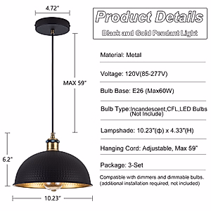 ElesiLuce Industrial Black Gold Pendant Lights 3-Pack Vintage Mini Dome Pendant Light Fixtures with Golden Finish 10“ Rustic Farmhouse Black Pendant Lights for Kitchen Island, Dining Room, Bedroom