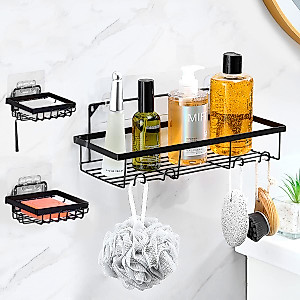 Shower Caddy Shelf (2 Pack) with 2 Soap Dishes, No Drilling Traceless Adhesive Toilet Paper Holder Shower Organizer with 4 Hooks