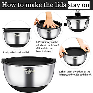 Wildone Mixing Bowls with Airtight Lids, 22 PCS Stainless Steel Nesting Bowls, with 3 Grater Attachments, Scale Marks & Non-Slip Bottom, Size 5, 4, 3, 2,1.5, 0.63QT, Ideal for Mixing & Prepping