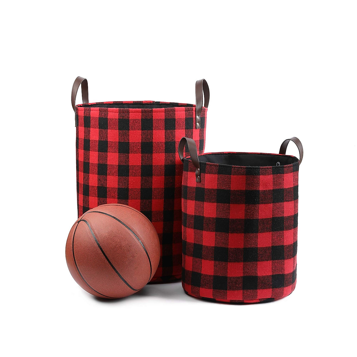 17.7" Large Collapsible Storage Basket with Leather Handles, Red Buffalo Plaid Woolen Fabric Foldable Tote Bags Round Home Decorative Organizer Bin