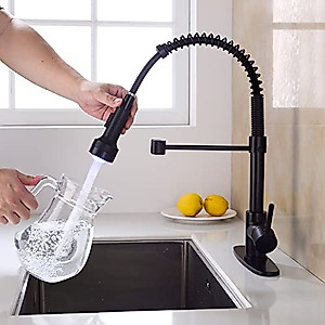 BZOOSIU Kitchen Faucet with Pull Down Sprayer, 17.65 inch Solid Brass Commercial Spring Single Handle LED Kitchen Sink Faucet for Farmhouse Camper Laundry Utility Rv Bar Sinks, Matte Black