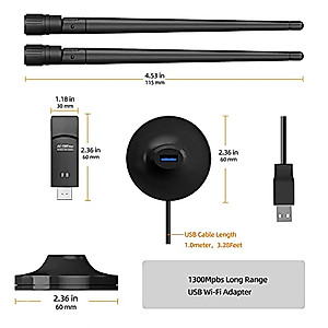 L-Link 1300Mbps Long Range USB WiFi Adapter for PC: Desktop Laptop of Windows 11/10/8.1/8/7, USB Wireless Adapter Dual Band 2.4GHz 400Mbps + 5.8GHz 867Mbps, 2X 5dBi High Gain Antennas, USB 3.0 Cradle