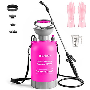 Pump Sprayer Set 1.35 Gallon, ThinkLearn Pressure Sprayer in Lawn & Garden, with Gloves, Measuring Cup and Spare Parts, Portable Hand Sprayer for Yard, Plant Water and Cleaning, 5L Pink