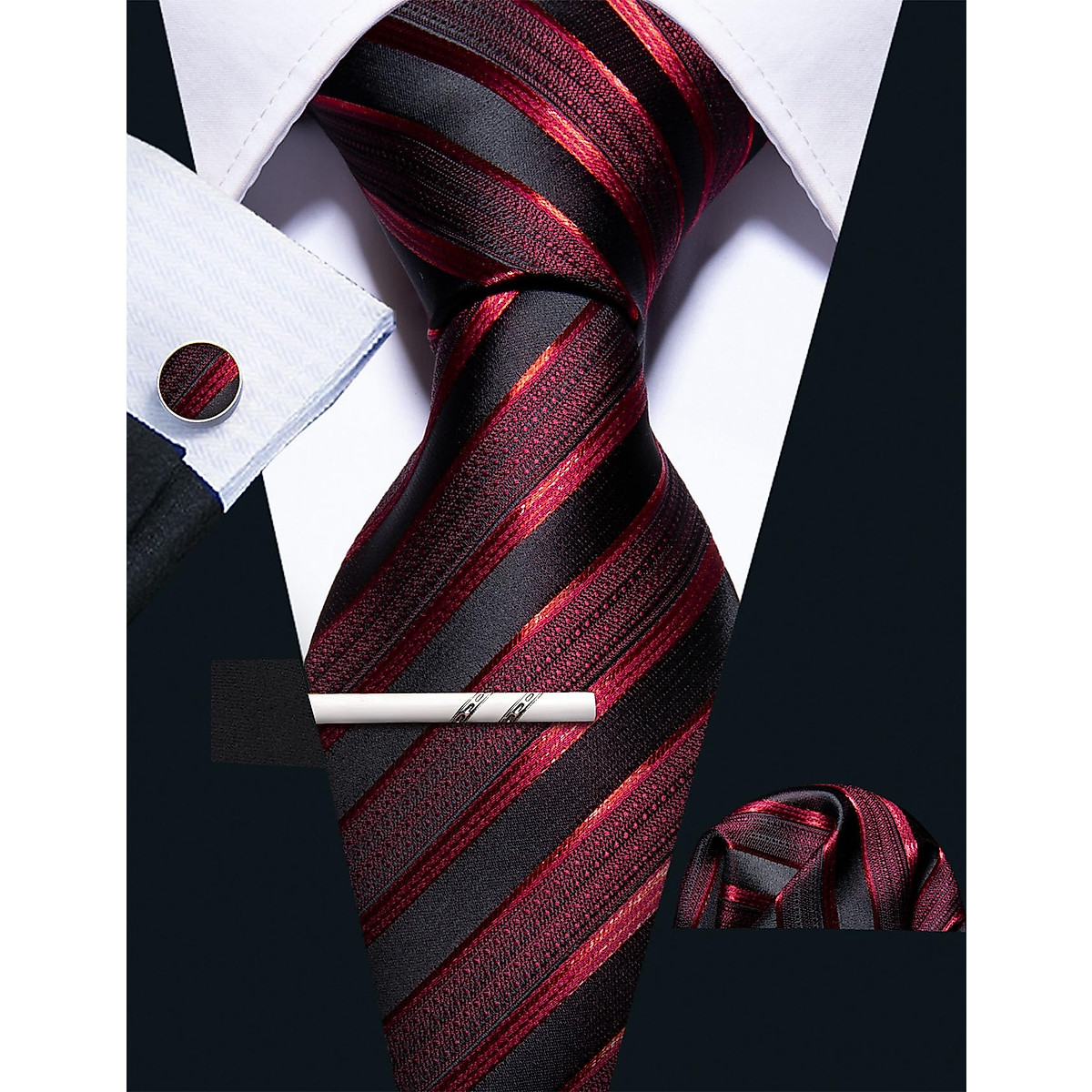 Barry.Wang Mens Stripe Plaid Tie Set with Pocket Square Cufflink Tie Clip Necktie Business Wedding 6PC