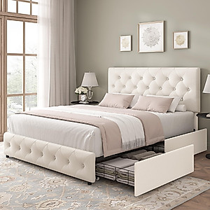 Keyluv Modern Upholstered Bed Frame with 4 Storage Drawers, Button Tufted Headboard Design, Solid Wooden Slat Support, Easy Assembly, Fabric, Beige, Queen Size