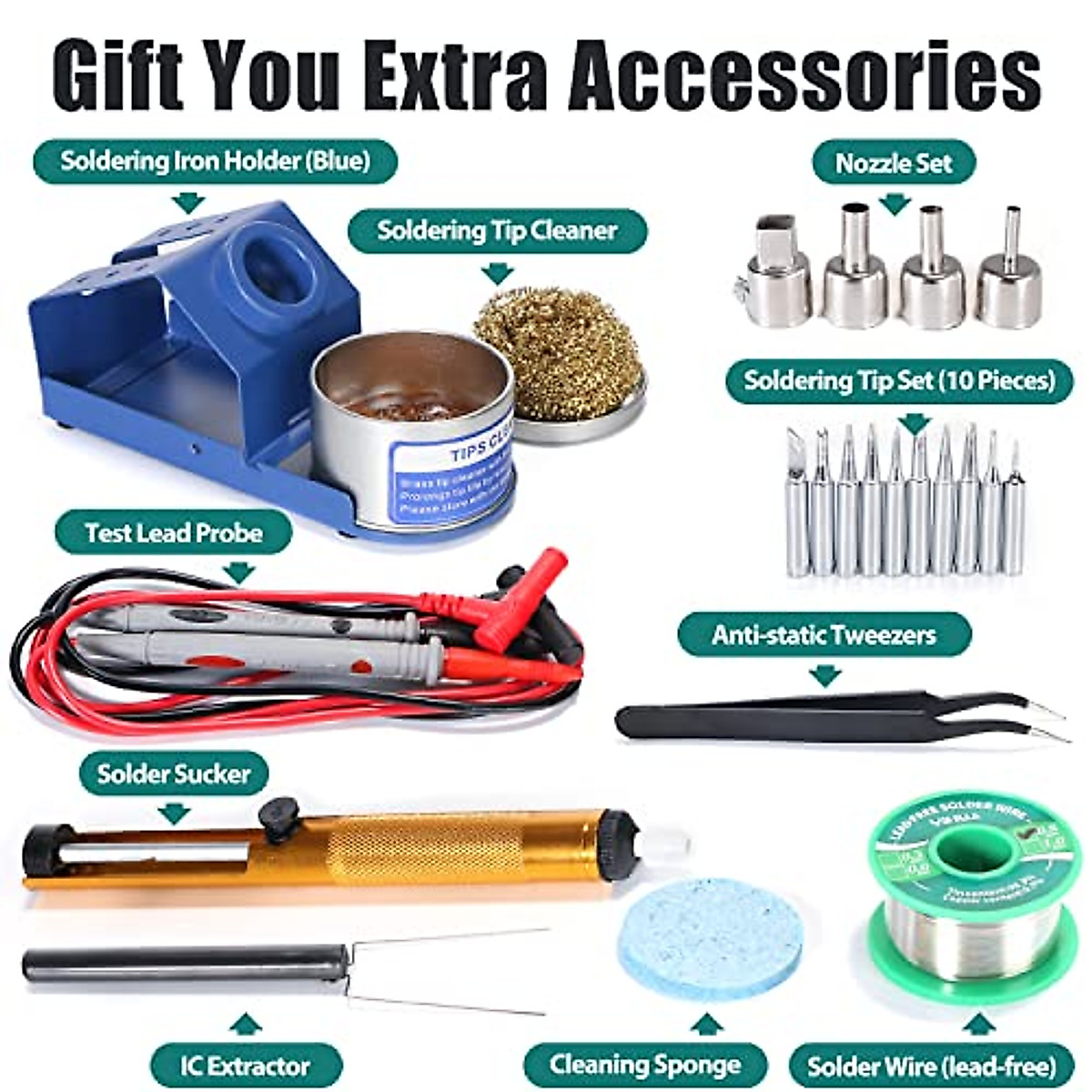 YIHUA 853D 2A USB SMD Hot Air Rework Soldering Iron Station, DC Power Supply 0-15V 0-2A with 5V USB Charging Port and 35 Volt DC Voltage Test Meter