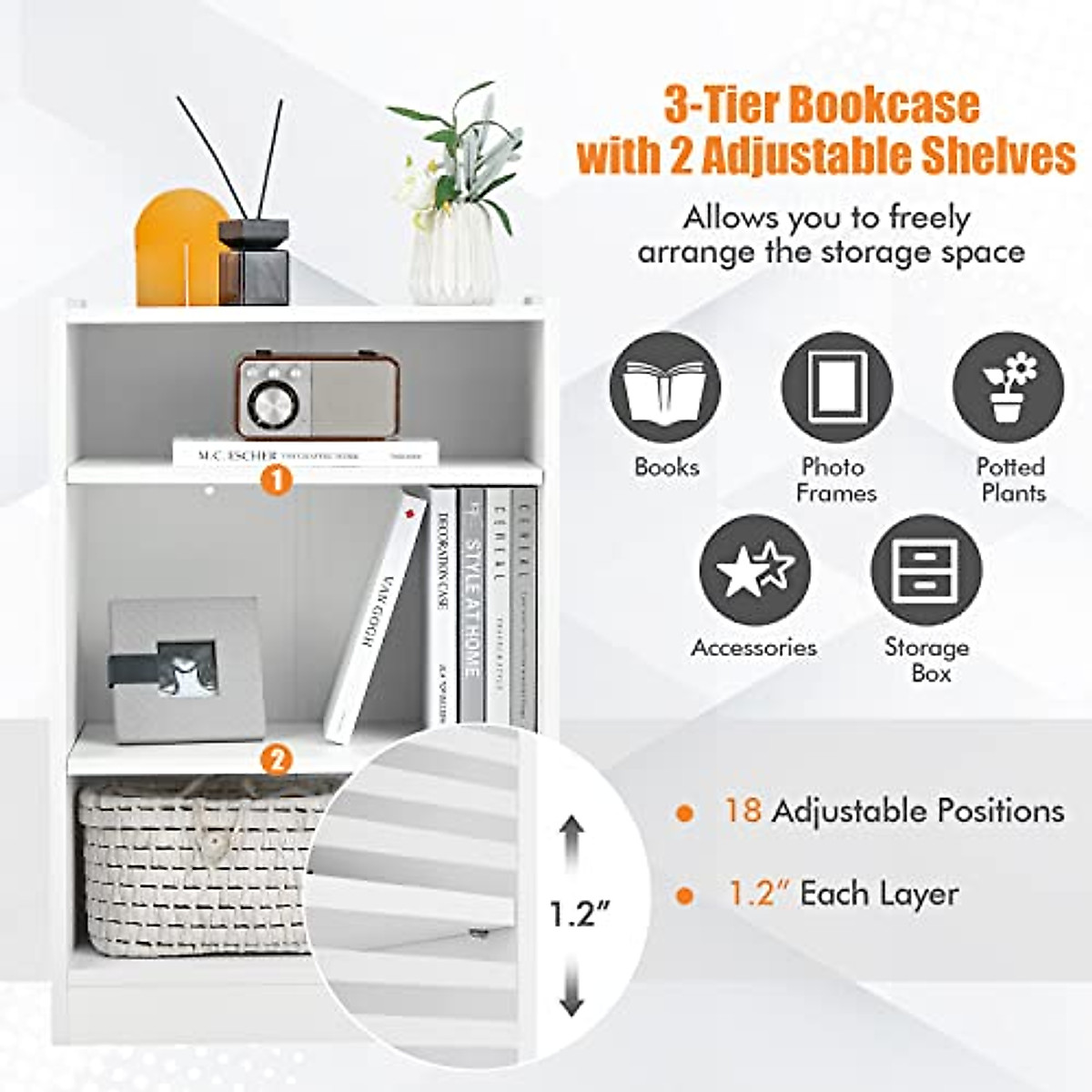 Giantex 3-Cube Bookcase White - 3-Tier Modern White Open Bookshelf with Adjustable Shelves, Anti-Tipping Device, Small Wood Cube Storage Organizer for Kid’s Room, Living Room, Bedroom