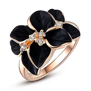 ACEFEEL Rose Gold Plated AAA Zircon Crystal Luxurious Black Enamel Flower Design Cocktail Ring Size 8
