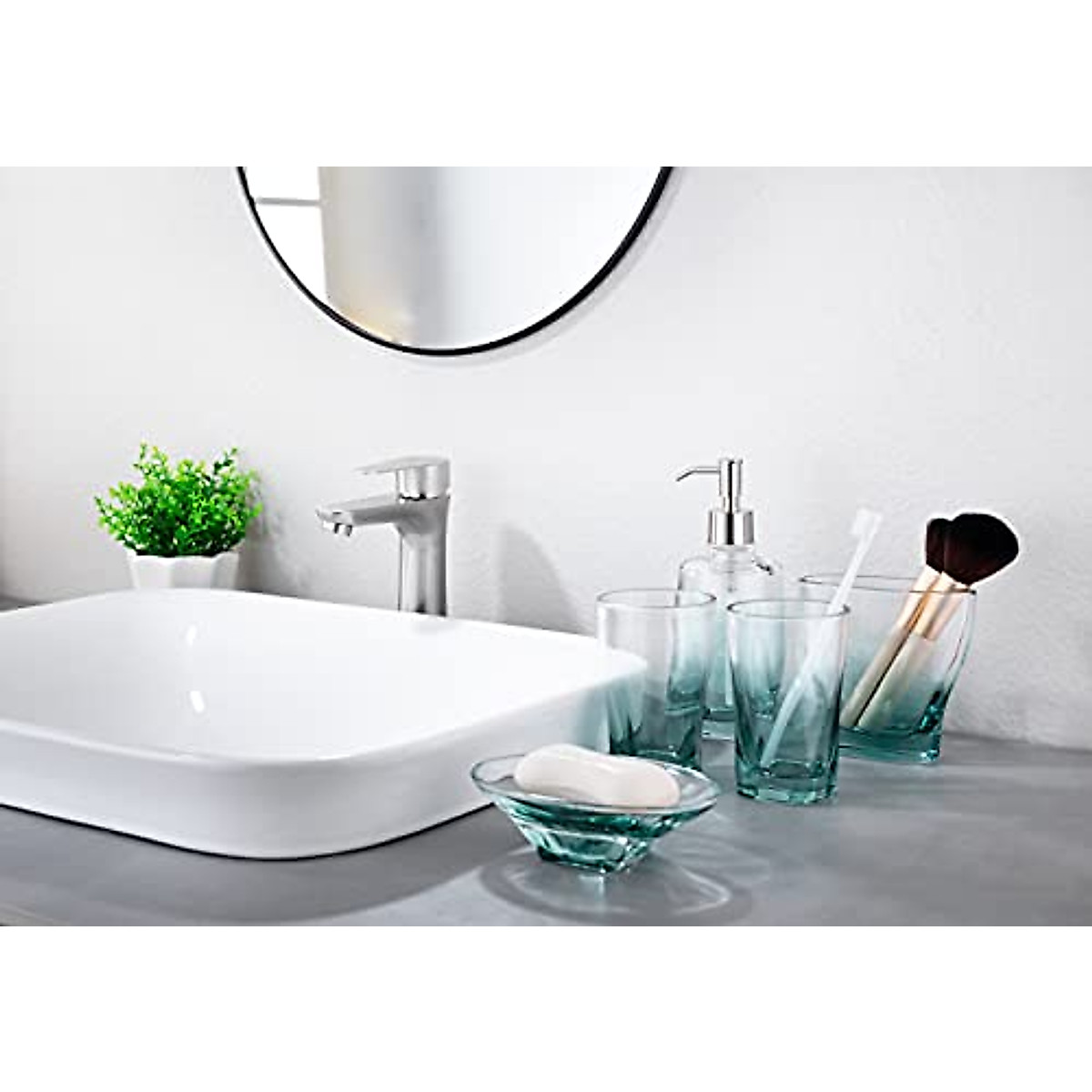 Rzoeox Bathroom Accessory Set, Lead-Free Glass 5-Piece Bath Ensemble Gift Includes Soap Dispenser,Toothbrush Holder, Tumbler, Soap Dish for Home, Office, Superior Hotel, Gradient Lake Green