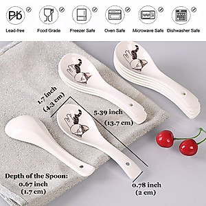 Set of 10 Asian Soup Spoons with Cat Pattern, 5.4 inch Ceramic Chinese Soup Spoons, Porcelain Spoons for Cereal Ramen Appetizers Desserts Wonton Dumpling, Deep Scoop Porcelain Spoons, Dishwasher Safe