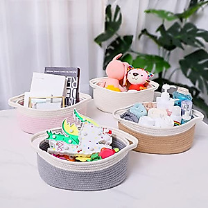 ABenkle Small Woven Basket, 12"x 8" x 5" Cute Small Basket, Rope Room Shelf Storage Basket, Cat Dog Toys Basket Chest Box, Empty Decorative Gift Basket with Handles - White
