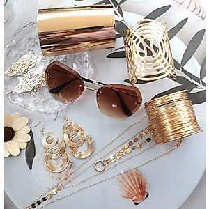 FIRAZIO 7 Pieces 70s Disco Accessories Costume Jewelry Set For Women Rimless Diamond Cutting Sunglasses Gold Cuff Bangle Bracelet Layered Choker Necklace Disco Earrings