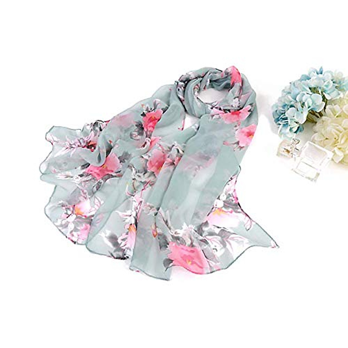 AliceLife Print Silk Feeling Scarf Fashion Scarves Lightweight Sunscreen Shawls for Women (peach blossom&Green)