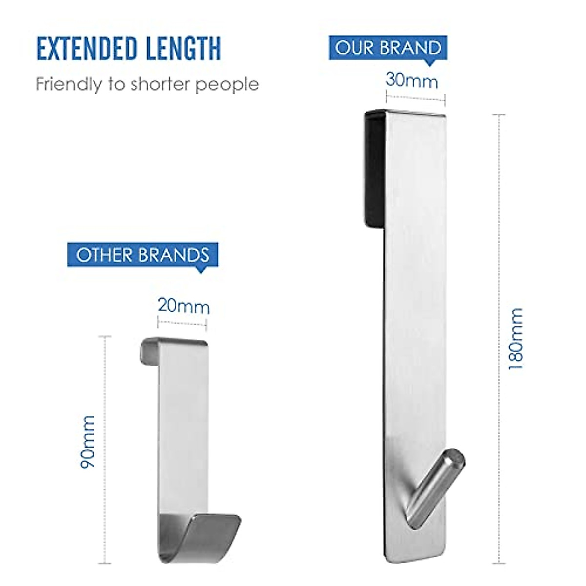 Simtive Extended Shower Door Hooks (7-Inch), Over Door Hooks for Bathroom Frameless Glass Shower Door, Towel Hooks, 2-Pack, Silver