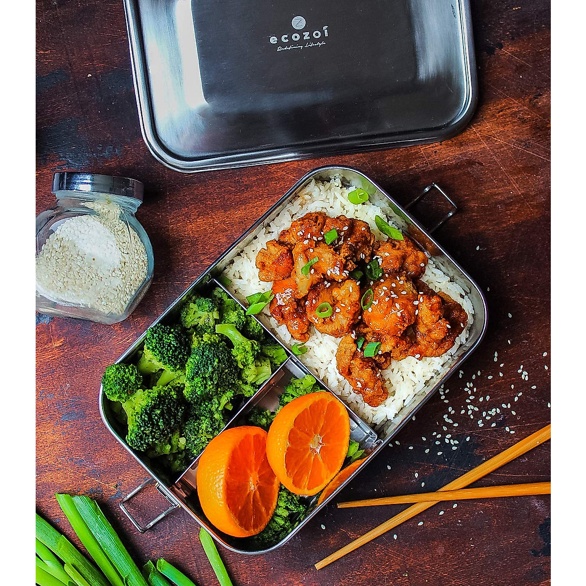 ecozoi Stainless Steel Lunch Box, Leak Proof 3 Compartment, Medium | Redesigned Silicone Seal | Sustainable Zero Waste Eco Friendly Bento Box Food Storage Container