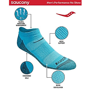Saucony Men's RunDry Mesh Ventilating Comfort Fit Performance No-Show Socks, Available in M-XXL (6, 12, 18, Yellow Blue Charcoal Assorted (6 Pairs), Large