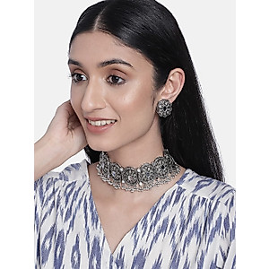 I Jewels Antique Silver Oxidized Ethnic Indian Traditional Bollywood Afghani Choker Necklace Jewellery Set for Women (MC069)