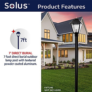 Solus SP7-NCA-BK 7' Outdoor Direct Burial Aluminum Lamp Post, Fits Most Standard 3" Post Top Fixtures, Includes Inlet Hole, Easy to Install, Corrosion & Weather Resistant, Black