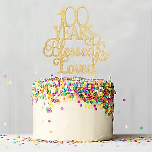 100 years blessed loved Cake Topper - Gold Glitter Love Party Theme Decoration - Ideal Background Celebration Photo Props Gift - Hello 100, Cheers to 100 Years (100 years blessed loved)
