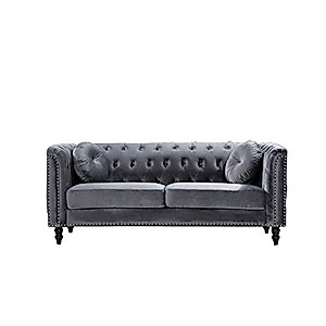 US Pride Furniture Modern Style High Density Foam Cool Grey Velvet Rolled Arm Chesterfield Living Room Removable Cushion & Solid Wood Legs (S5608-5613) Sofas